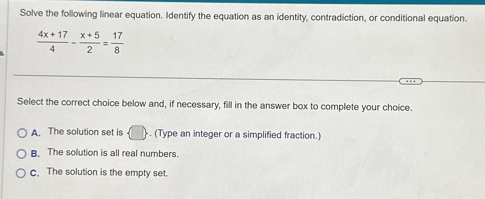 Solved Solve the following linear equation. Identify the | Chegg.com