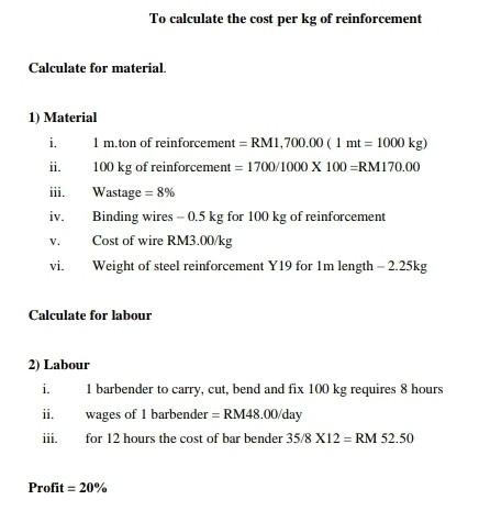 Solved To calculate the cost per kg of reinforcement | Chegg.com