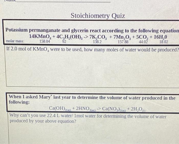Solved Stoichiometry Quiz Potassium permanganate and | Chegg.com
