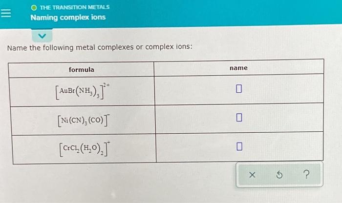 Solved THE TRANSITION METALS Naming complex ions Name the | Chegg.com