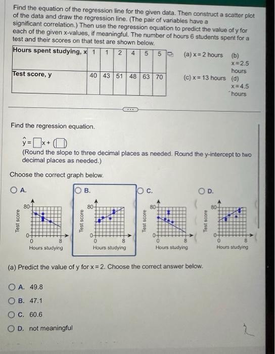 Solved Find the equation of the regression line for the | Chegg.com