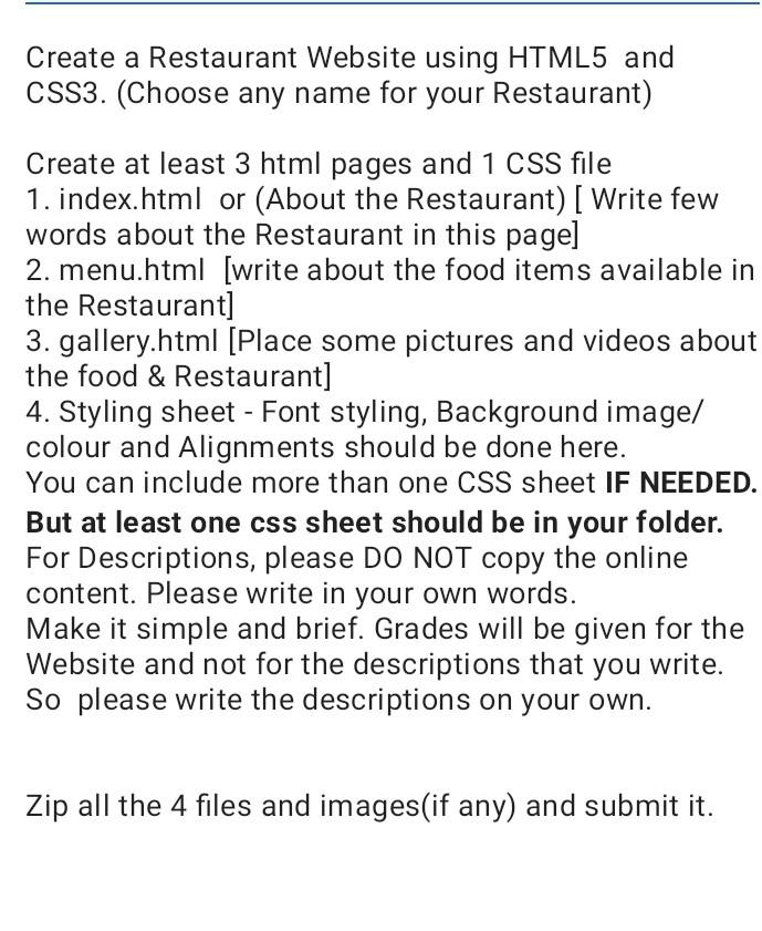 Solved Create a Restaurant Website using HTML5 and CSS3. | Chegg.com