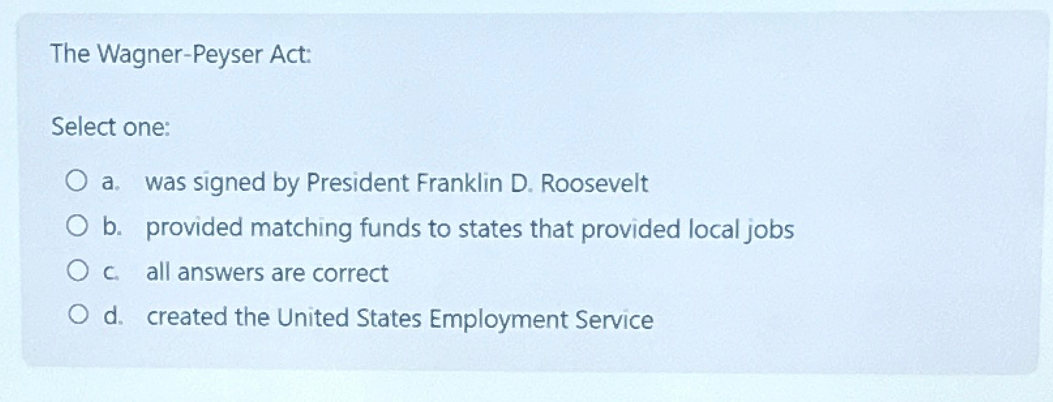 Solved The Wagner-Peyser Act:Select one:a. ﻿was signed by | Chegg.com