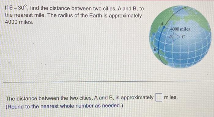 Solved If θ=30∘, find the distance between two cities, A and | Chegg.com