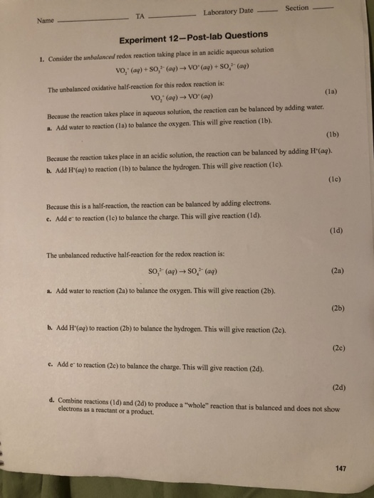 Solved TA Laboratory Date - Section Name Experiment | Chegg.com