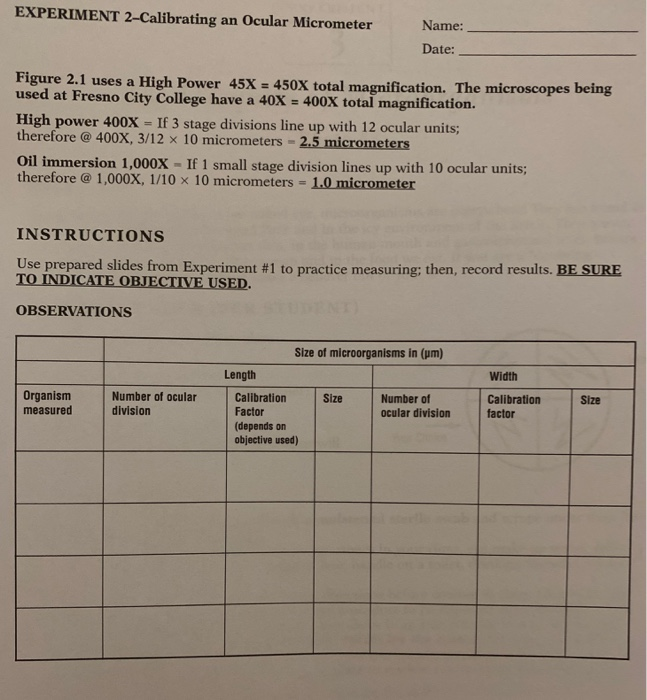 Solved EXPERIMENT 2-Calibrating an Ocular Micrometer Name: | Chegg.com