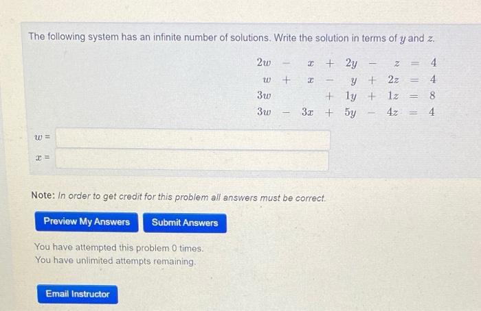 Solved The following system has an infinite number of | Chegg.com