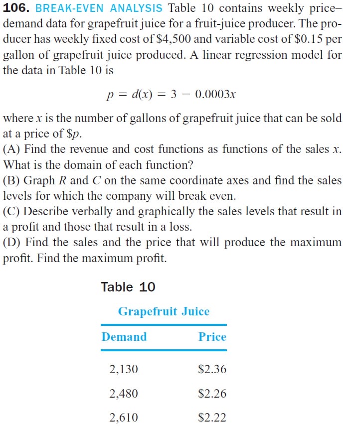 Solved BREAK-EVEN ANALYSIS Table 10 ﻿contains weekly | Chegg.com