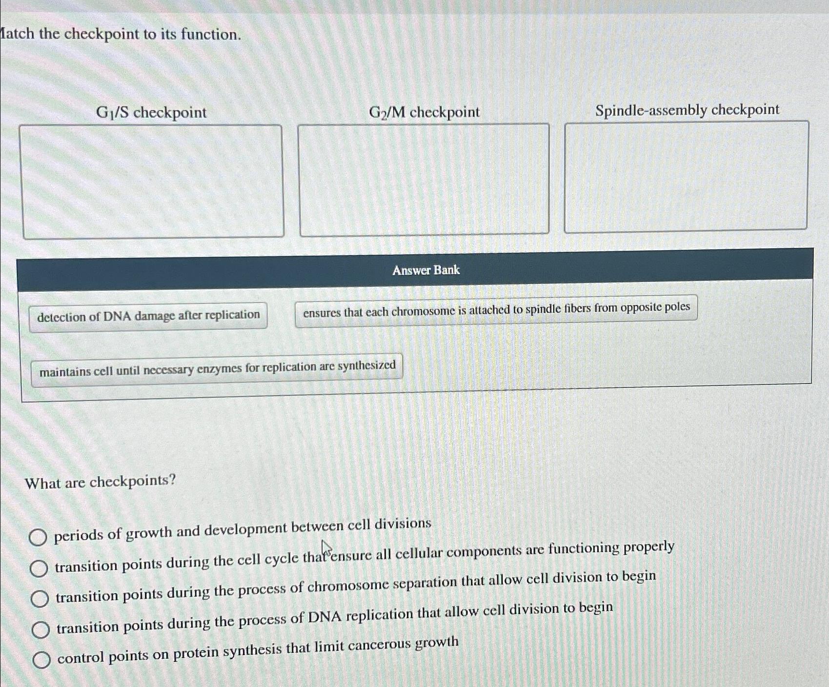 Solved Iatch the checkpoint to its function.G1S | Chegg.com