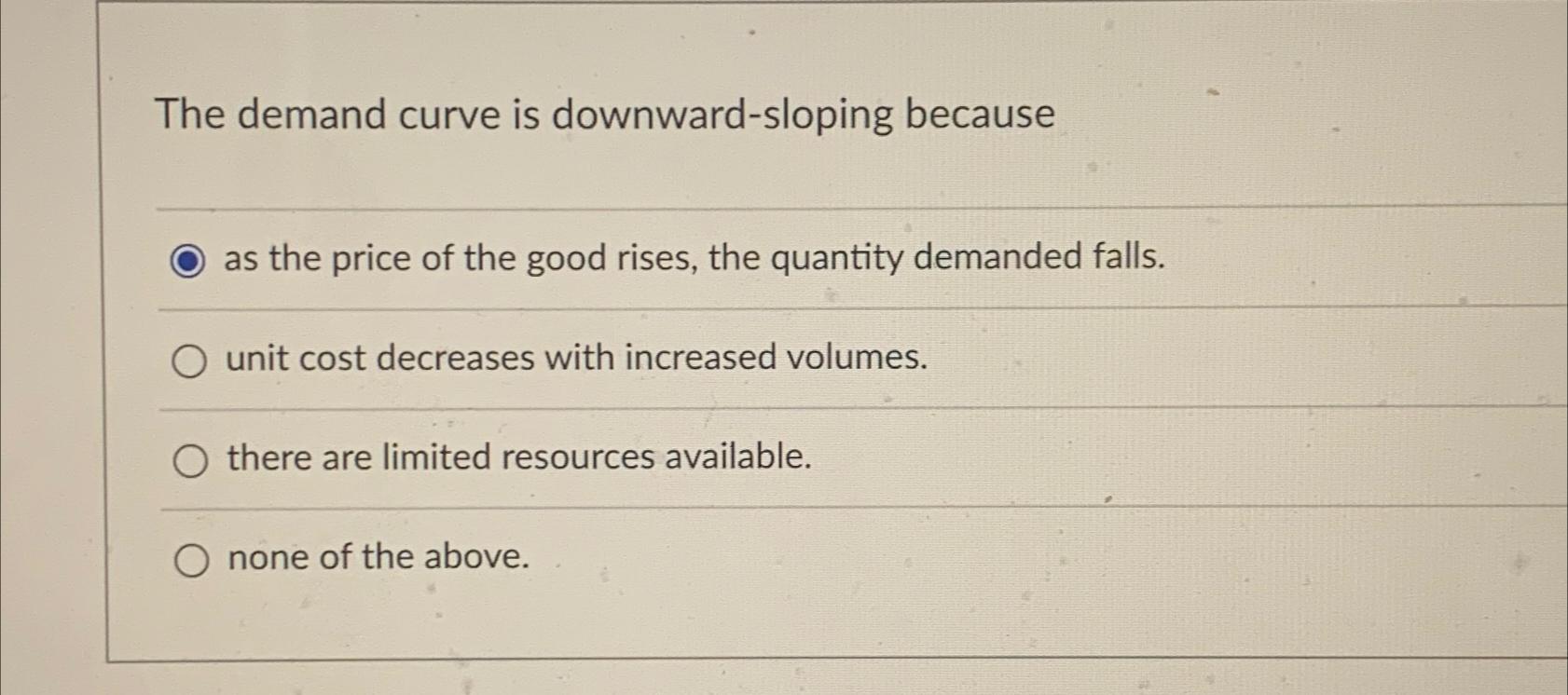Solved The demand curve is downward-sloping becauseas the | Chegg.com
