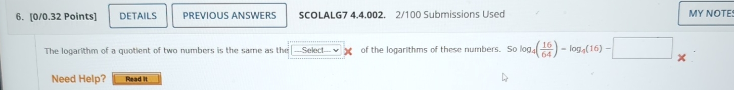 Solved Points]SCOLALG7 4.4.002. 2/100 ﻿Submissions UsedThe | Chegg.com