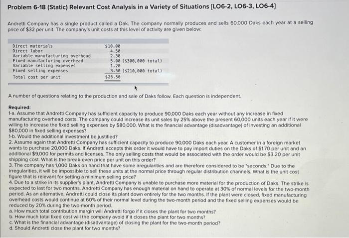 Solved Problem 6-18 (Static) Relevant Cost Analysis in a | Chegg.com