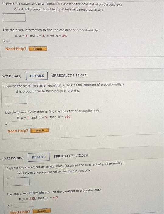 Solved Express The Statement As An Equation Use K As The