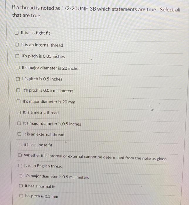 Solved If a thread is noted as 1/2−20UNF−3B which statements | Chegg.com