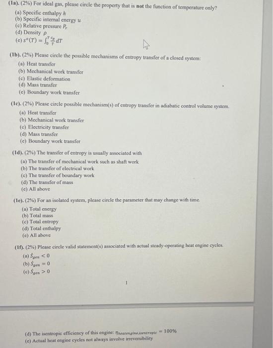 Solved (1a). (2%) For ideal gas, please circle the property | Chegg.com