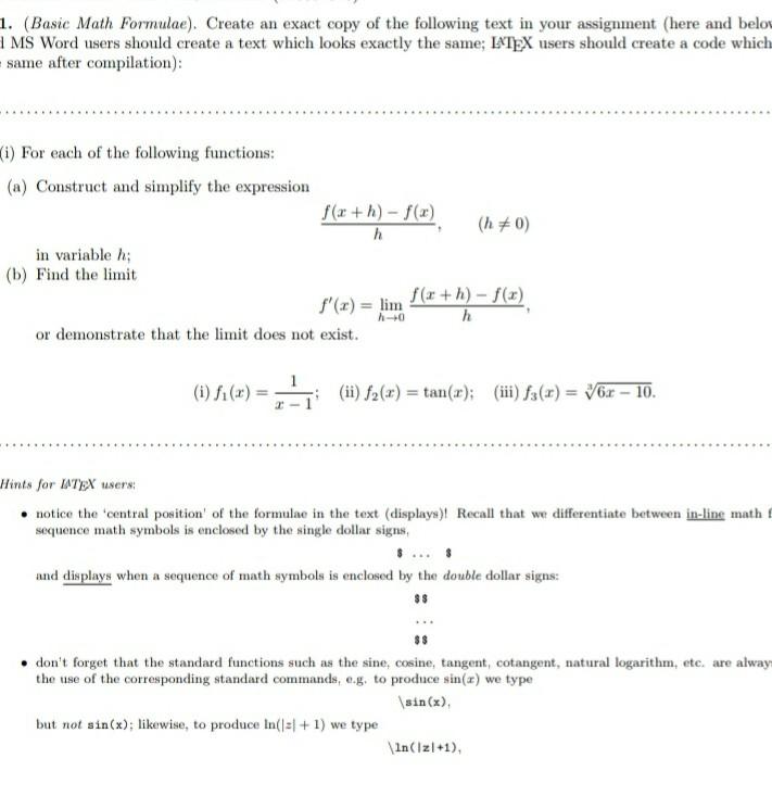 Solved 1. (Basic Math Formulae). Create an exact copy of the | Chegg.com