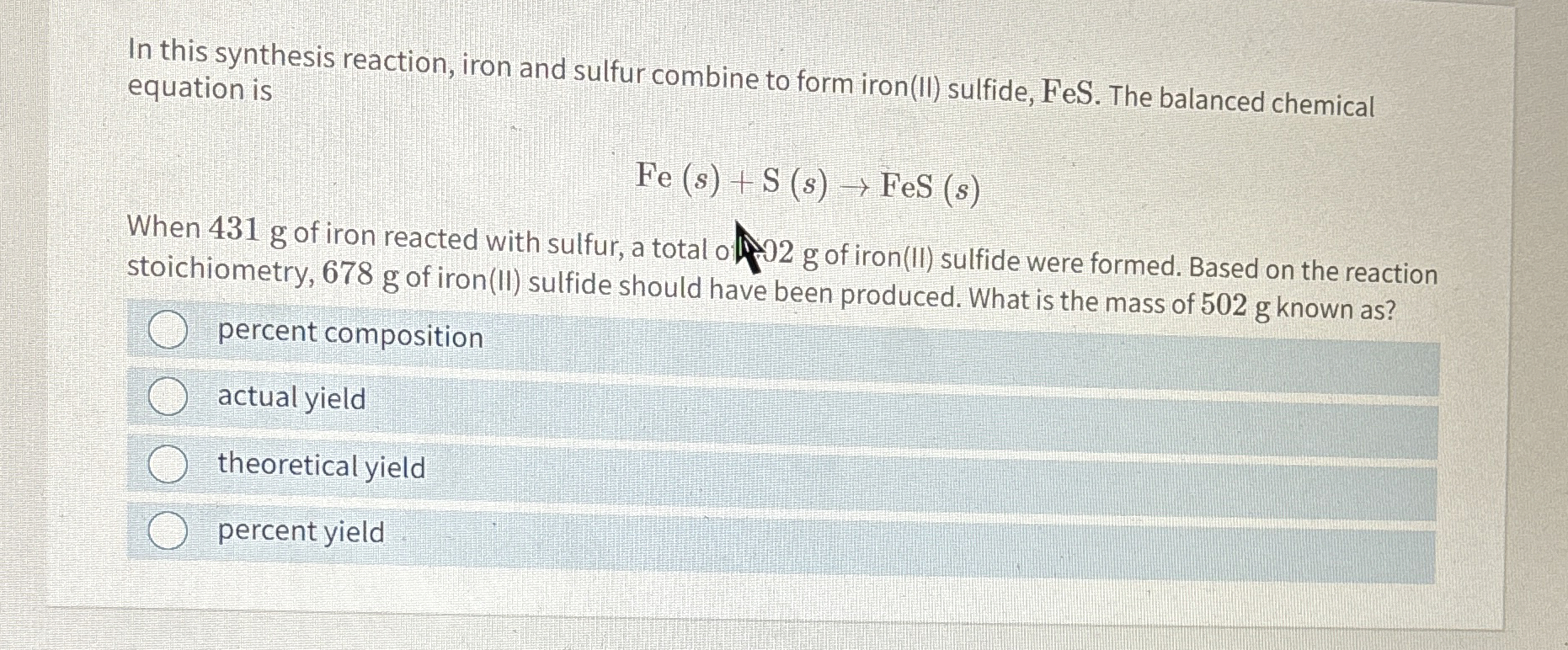 Solved In this synthesis reaction, iron and sulfur combine | Chegg.com