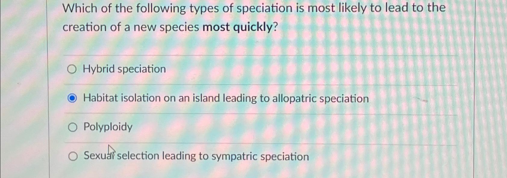 Solved Which of the following types of speciation is most | Chegg.com