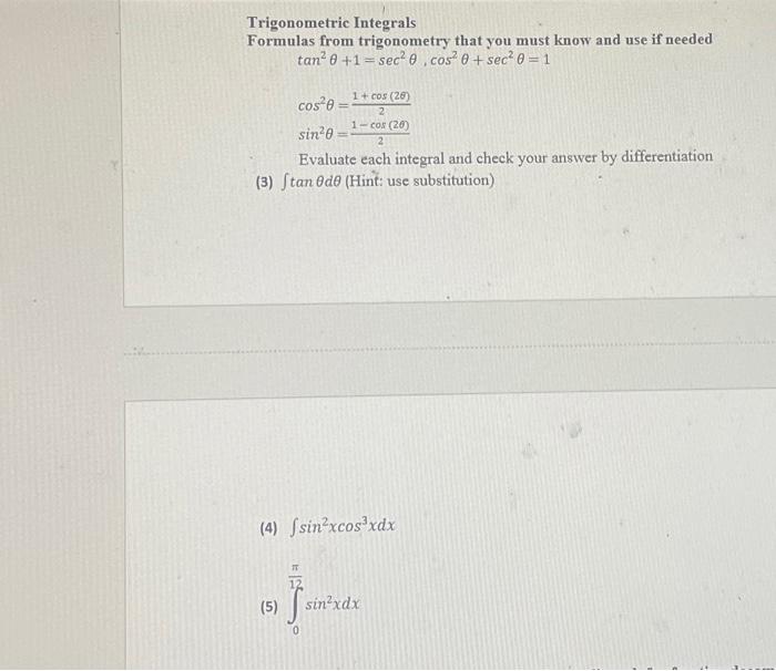 Solved Trigonometric Integrals Formulas from trigonometry | Chegg.com