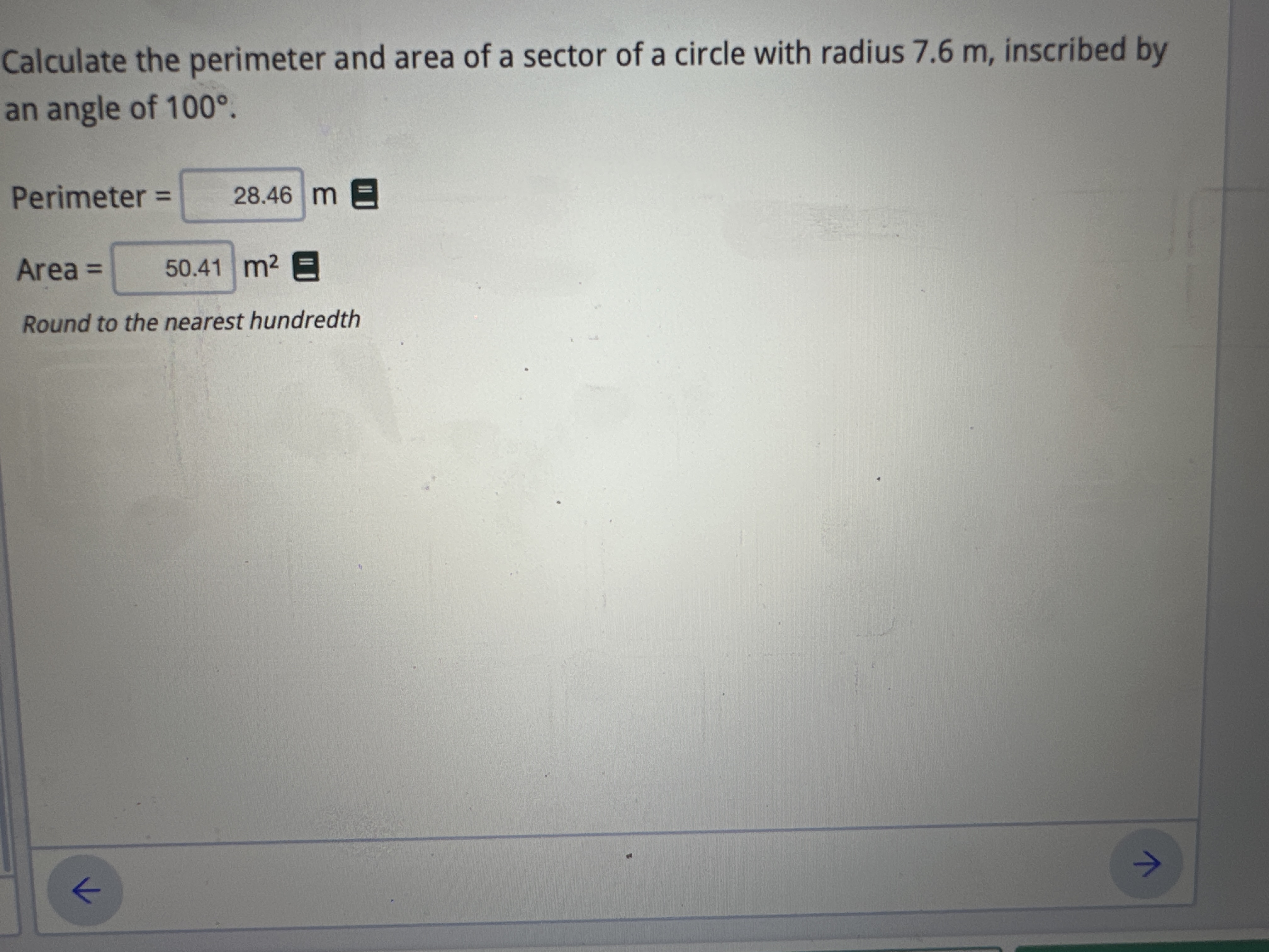 Solved Calculate the perimeter and area of a sector of a | Chegg.com