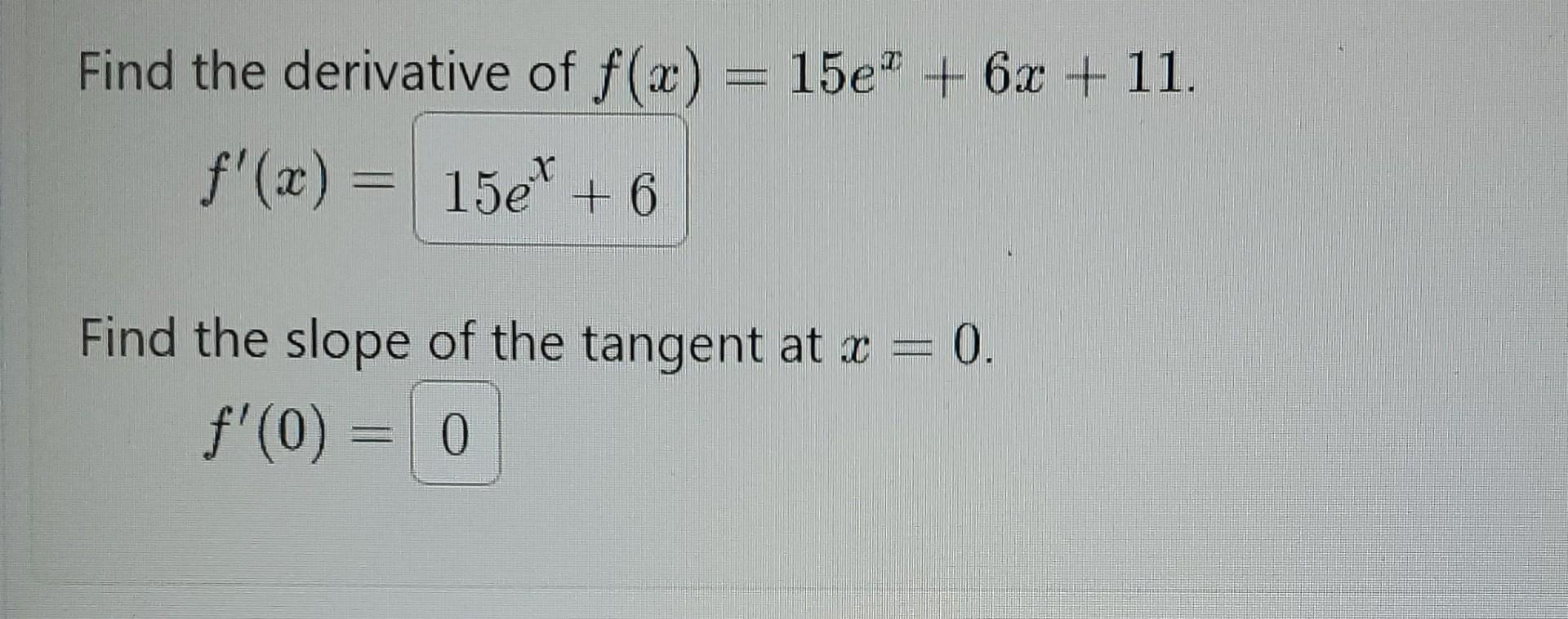 Solved Find the derivative of f(x)=15ex+6x+11. f′(x)= Find | Chegg.com