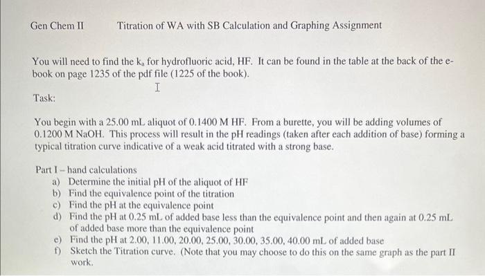 Solved Gen Chem II Titration of WA with SB Calculation and | Chegg.com