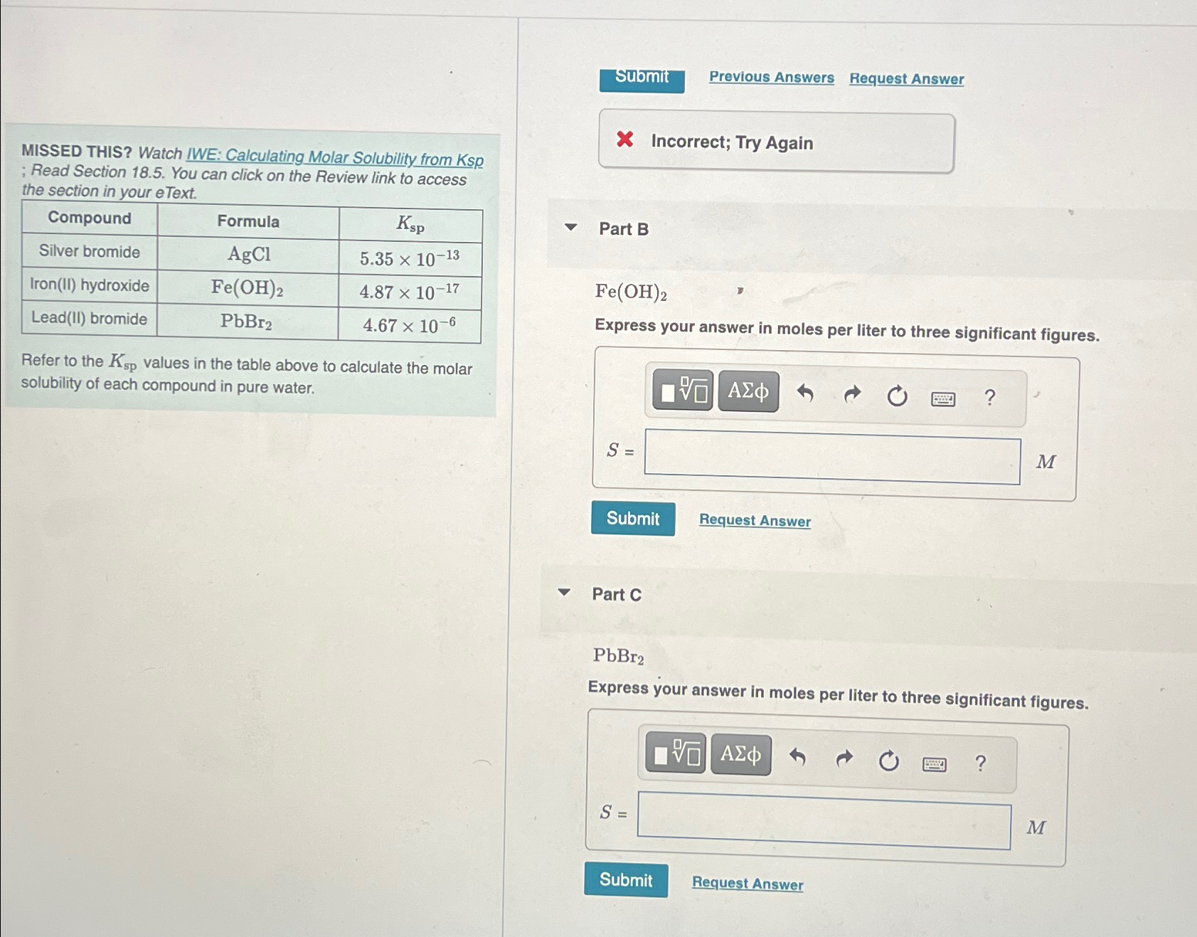 Solved MISSED THIS? Watch IWE: Calculating Molar Solubility | Chegg.com