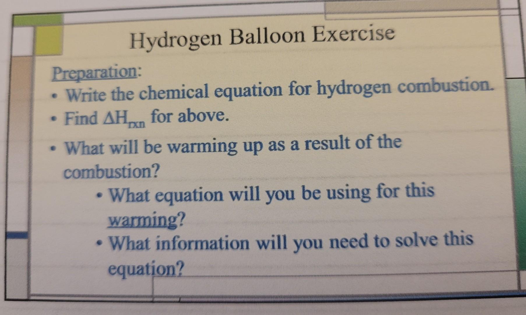 Solved Hydrogen Balloon Exercise Preparation: Write the | Chegg.com