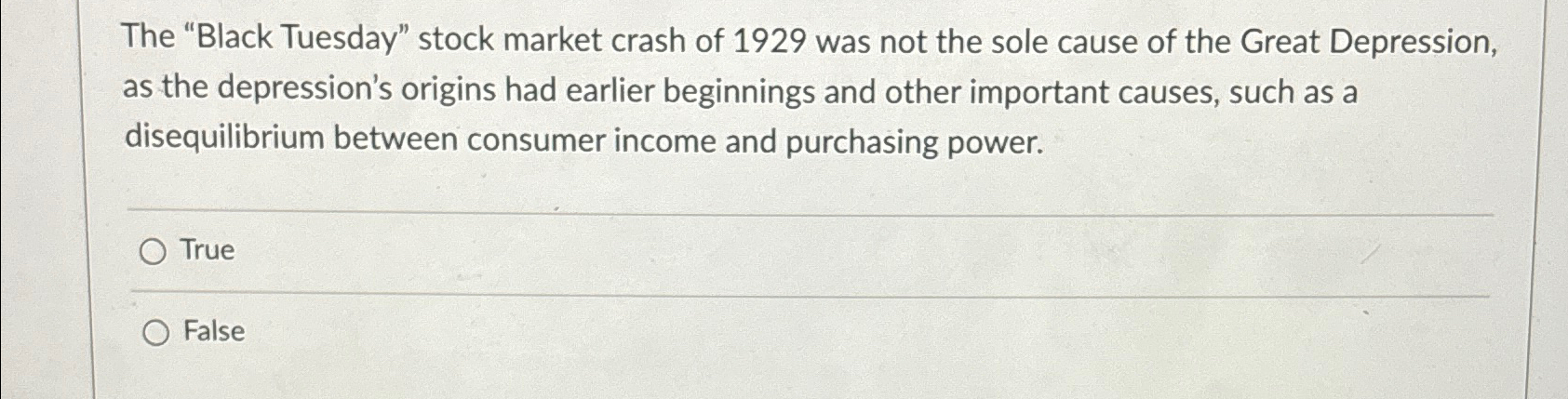 Solved The "Black Tuesday" stock market crash of 1929 ﻿was | Chegg.com