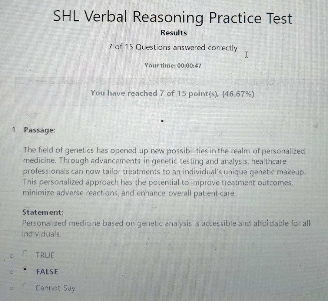 Solved SHL Verbal Reasoning Practice TestResults7 ﻿of 15 | Chegg.com