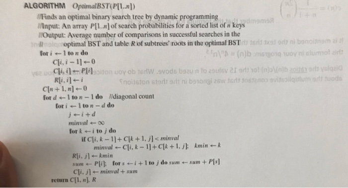 ALGORITHM Optimal BST(P[1...) Finds an optimal binary | Chegg.com ALGORITHM Optimal BST(P[1...) Finds an optimal binary | Chegg.com