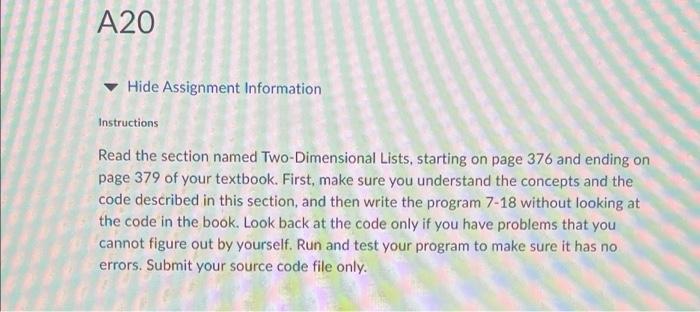 Solved A20 Hide Assignment Information Instructions Read the | Chegg.com