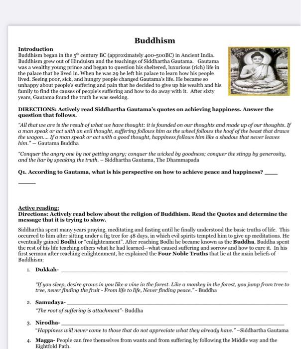Solved Buddhism Introduction Buddhism began in the 5 century | Chegg.com