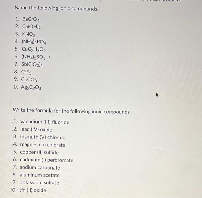 Solved Name the following ionic compounds. 1. BaCrO4 2. | Chegg.com