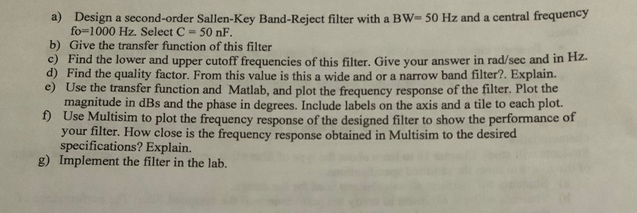 Solved a) ﻿Design a second-order Sallen-Key Band-Reject | Chegg.com