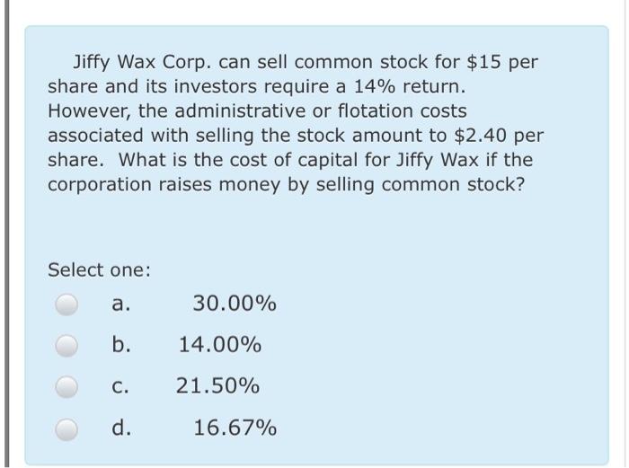 Solved Jiffy Wax Corp. can sell common stock for $15 per | Chegg.com