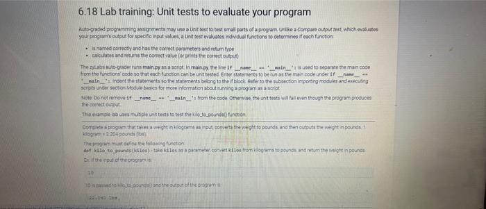 Solved 6.18 Lab training: Unit tests to evaluate your | Chegg.com Solved 6.18 Lab training: Unit tests to evaluate your | Chegg.com