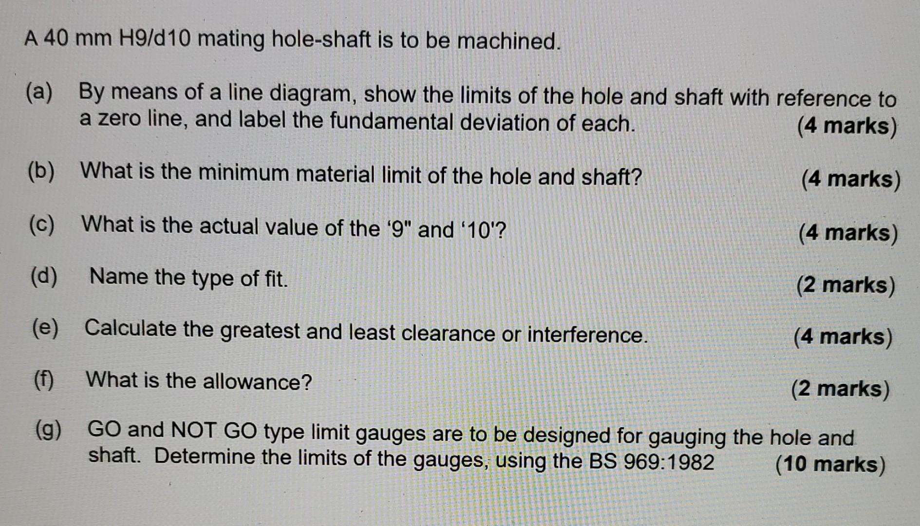 Solved A 40 mm H9/d10 mating hole-shaft is to be machined. | Chegg.com