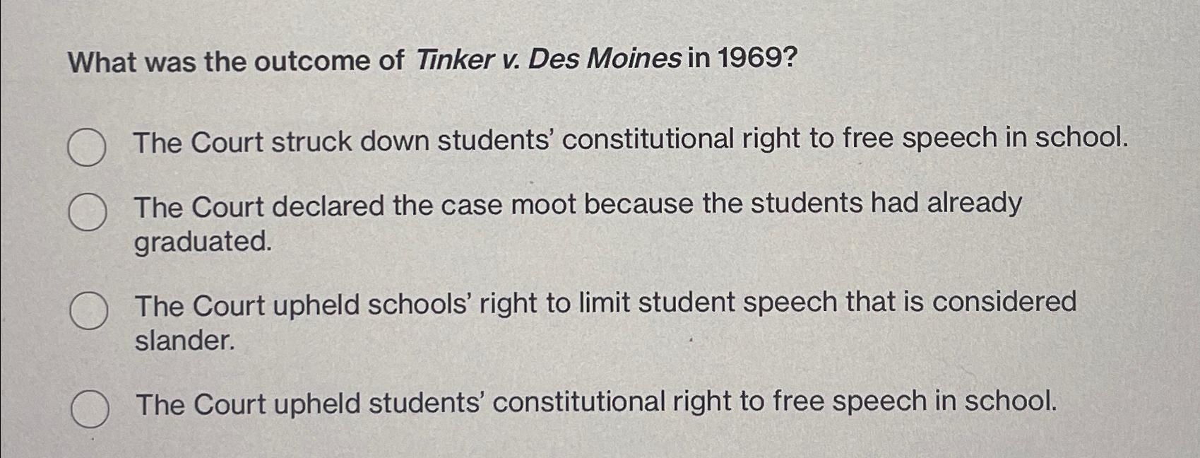 Solved What was the outcome of Tinker v. ﻿Des Moines in | Chegg.com
