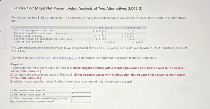 Solved Exercise 12-7 (Algo) Net Present Value Analysis of | Chegg.com