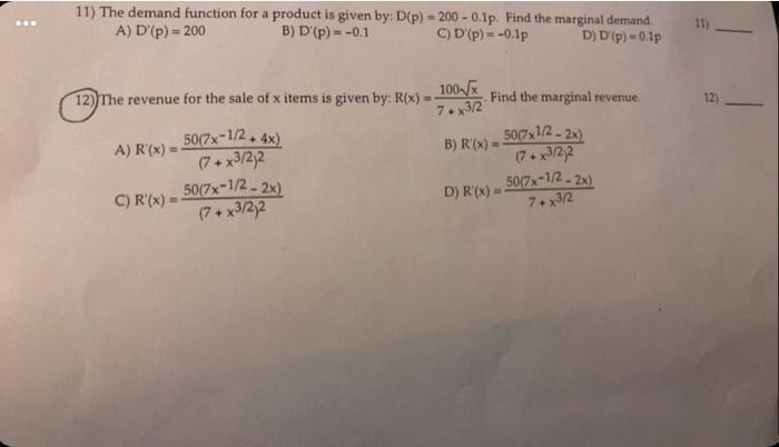 Solved 11) The demand function for a product is given by: | Chegg.com