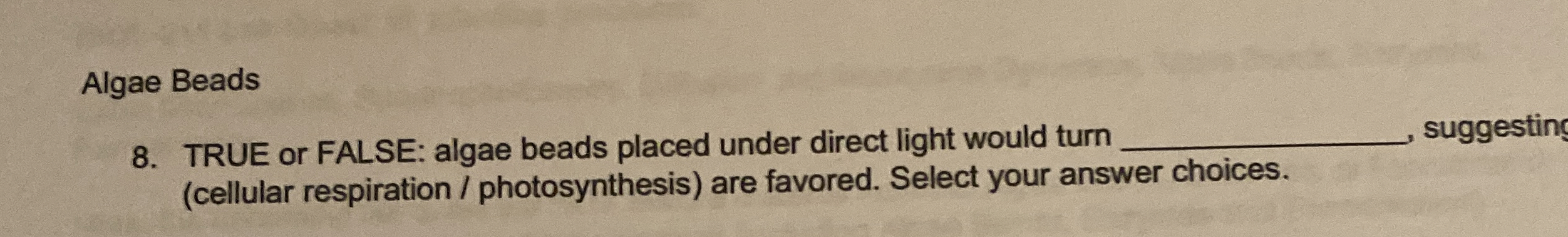 Solved Algae BeadsTRUE or FALSE: algae beads placed under | Chegg.com