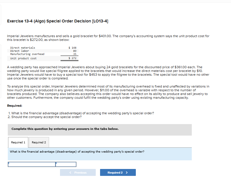 Solved Exerclse 13-4 (Algo) ﻿Special Order Decislon | Chegg.com