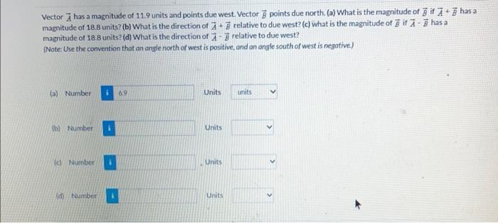 Solved Vector A has a magnitude of 11.9 units and points due | Chegg.com