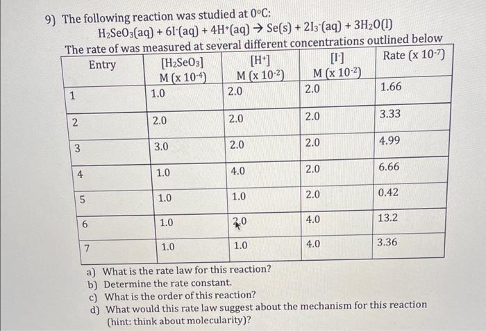 Solved H2SeO3(aq)+6I−(aq)+4H+(aq)→Se(s)+2I3(aq)+3H2O(l) at | Chegg.com