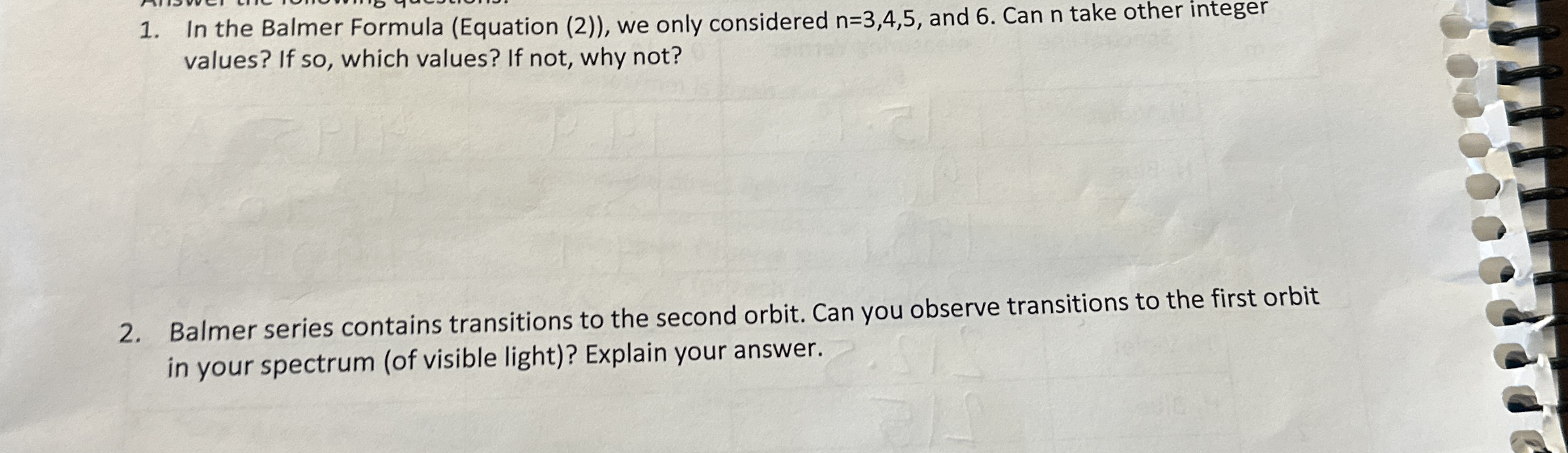 Solved In the Balmer Formula (Equation (2)), ﻿we only | Chegg.com