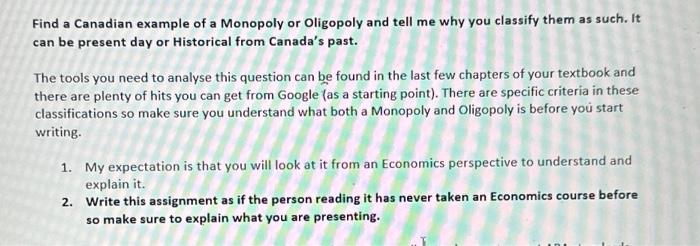 Solved Find a Canadian example of a Monopoly or Oligopoly | Chegg.com