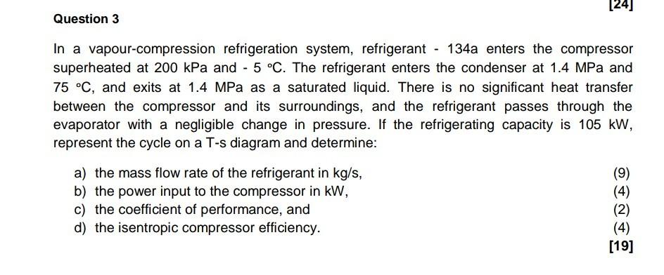 Solved [24] Question 3 In a vapour-compression refrigeration | Chegg.com