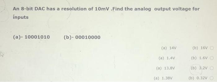 Solved An 8-bit DAC has a resolution of 10mV .Find the | Chegg.com