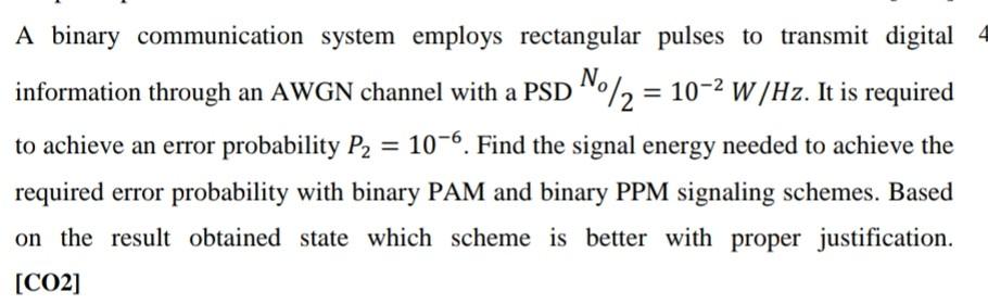Solved A binary communication system employs rectangular | Chegg.com